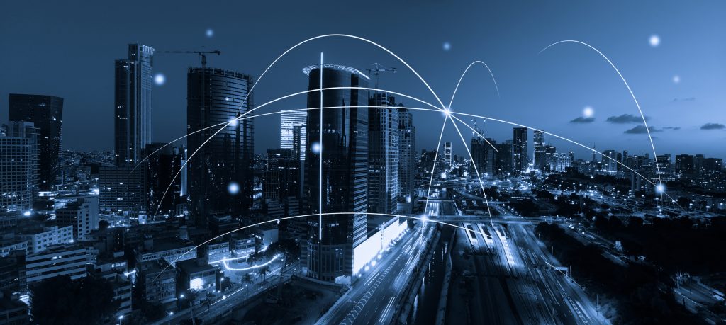 Computer network connection modern city future internet technology ...